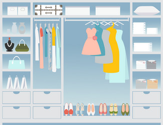 Flat design walk in closet with shelves Royalty Free Vector