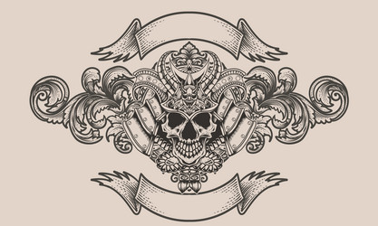 Samurai Head With Antique Engraving Ornament Style