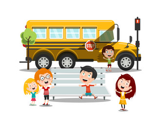 Happy kids on trip dancing school bus ro Vector Image