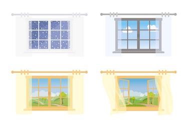 Set of open and closed windows on white background