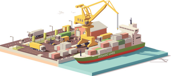 Low poly port container terminal and ship Vector Image