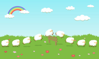 Counting sheep jump on field background Royalty Free Vector