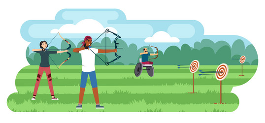 People practicing archery cartoon female flat Vector Image