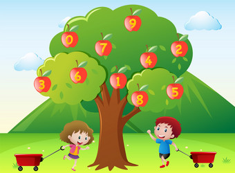 Happy kids and numbers on apple tree Royalty Free Vector