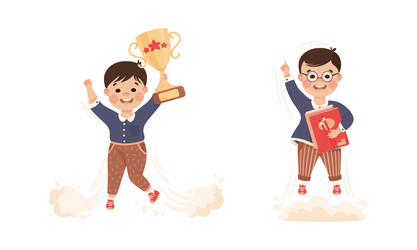 Superhero kid at school flying forward achieving Vector Image