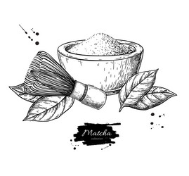Matcha tea drawing green powder leaves Royalty Free Vector