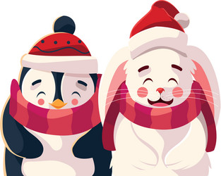 Penguin and rabbit with hat scarf in white Vector Image