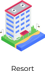 Hotel buildings with trees and cars isolated icons