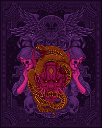 Demon mask with snake engraving style Royalty Free Vector