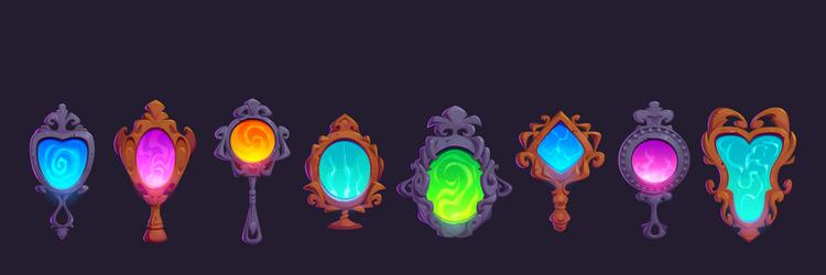 Cartoon set of medieval mirrors in silver frame Vector Image