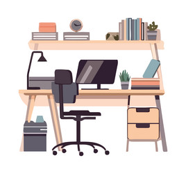 Office desk with computer chair plants Royalty Free Vector