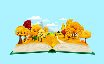 Cartoon opened book with autumn forest mountains Vector Image