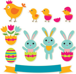 Easter circle icons with bunny chick and flowers Vector Image