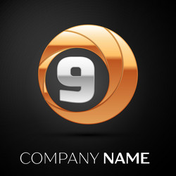 Number nine logo symbol in golden-silver circle Vector Image