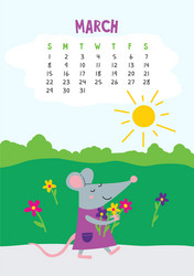 March calendar page with cute rat flowers Vector Image
