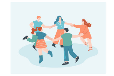 Happy cartoon friends holding hands and dancing Vector Image