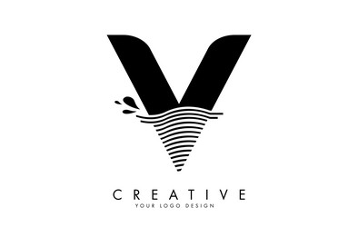 Black letter v with abstract sliced effect logo Vector Image
