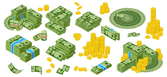 Cartoon money dollar bills coins and cash wad Vector Image