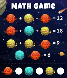 Kids math game worksheet with cartoon space planet