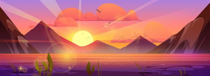 Cartoon sunset landscape with orange clouds Vector Image