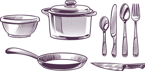 Kitchen utensils sketch cooking equipment frying Vector Image