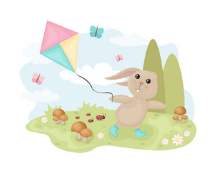 Calendar august rabbit with a kite cute summer Vector Image