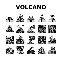 Volcano lava eruption nature icons set Royalty Free Vector