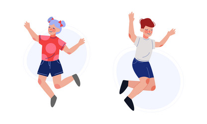 Happy boy and girl jumping with joy and hands up Vector Image