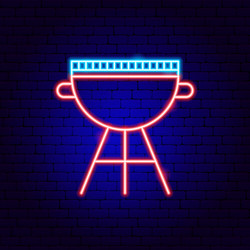 Grill menu neon logo bbq sign on wall Royalty Free Vector