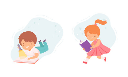 Cute kids reading books set children learning Vector Image