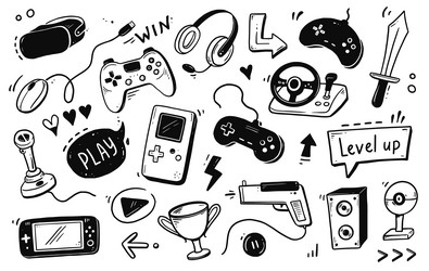 Video game hand drawn doodle set gamer Royalty Free Vector