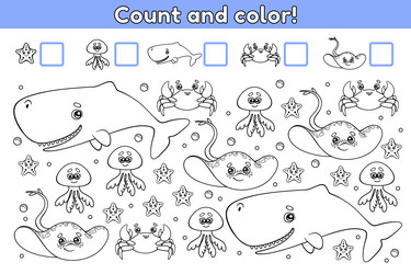 Count and color math game sea animals-5 Royalty Free Vector