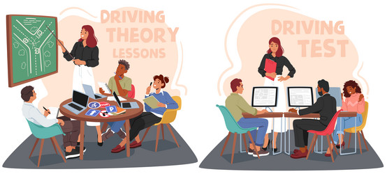 Characters in driving school grasp road rules Vector Image