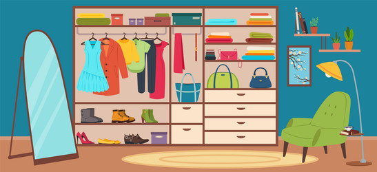 Messy walk in closet interior cartoon Royalty Free Vector