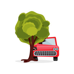 Red car crashed into big green tree auto accident Vector Image