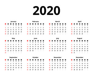 Calendar 2020 week starts with sunday Royalty Free Vector