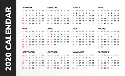 Calendar 2020 week starts with sunday Royalty Free Vector