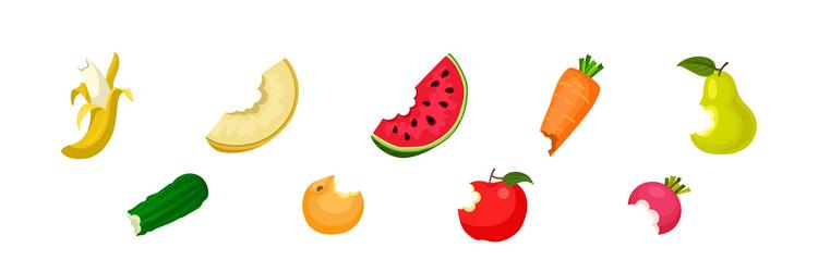 Bitten fruits and vegetables isolated on white Vector Image