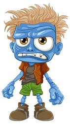 Grumpy zombie man cartoon character with blue skin