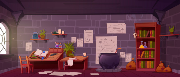 Witch house old alchemist laboratory room set Vector Image