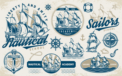 Sailors academy stickers set colorful Royalty Free Vector