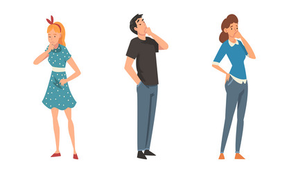 Thoughtful man and woman character scratching head