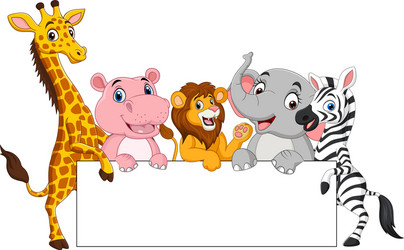 Two cartoon animals holding blank signs smiling Vector Image