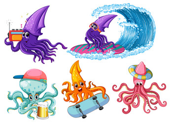 Octopus and squid cartoon characters in summer Vector Image