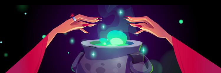 Witch hands conjuring over cauldron with potion Vector Image
