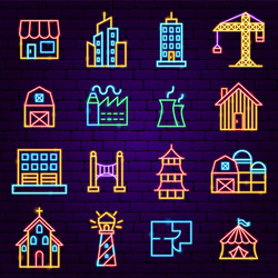Intelligent building icon set neon Royalty Free Vector Image