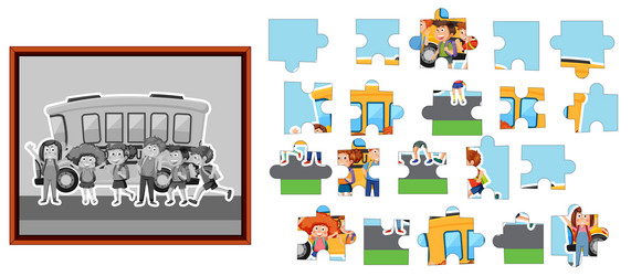 Student with school bus photo puzzle game template