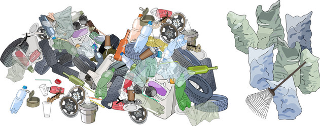 Pile of garbage bags and rake Royalty Free Vector Image