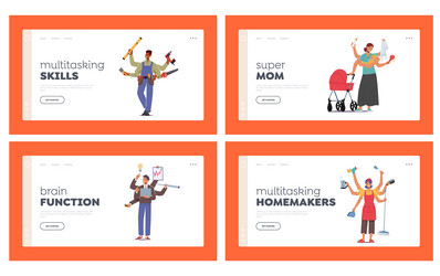 Set of multitasking people with many arms doing Vector Image