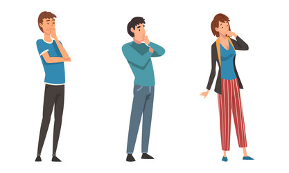 Thoughtful man and woman character scratching head